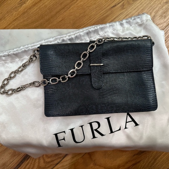 Furla | Bags | Furla Leather Navy Clutch With Shoulder Chain | Poshmark